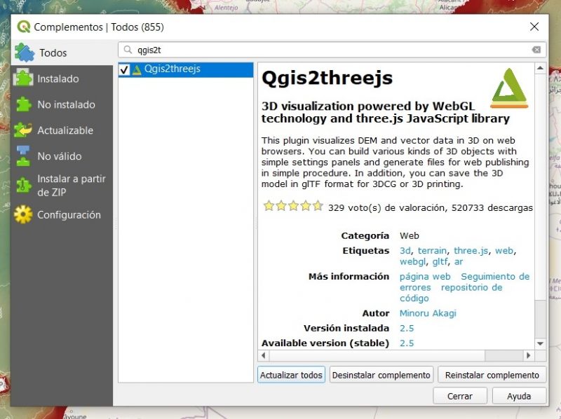 Uso del plugin “Qgis2threejs” y visualización resultados en la web