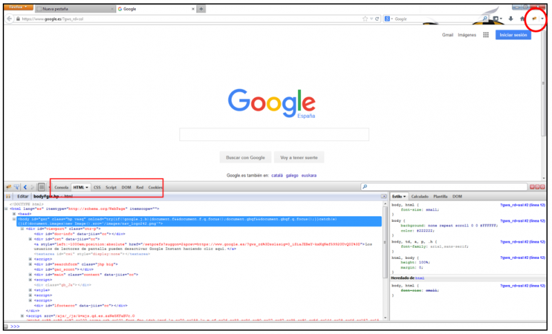 “Firebug” para analizar el código (HTML, JavaScript)