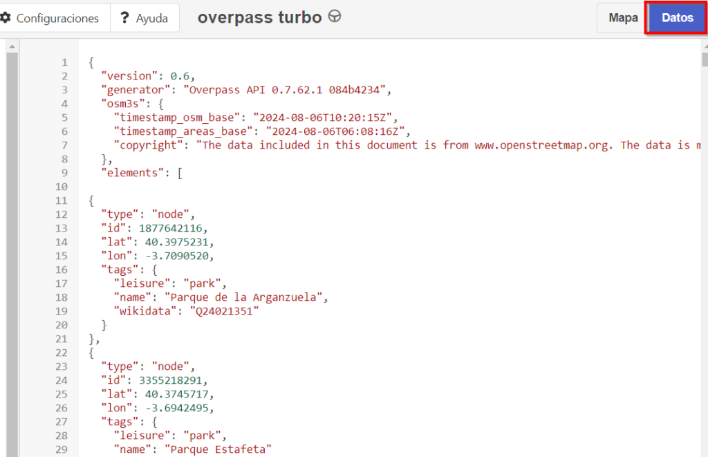 Descarga de datos de OpenStreetMap con “Overpass Turbo”