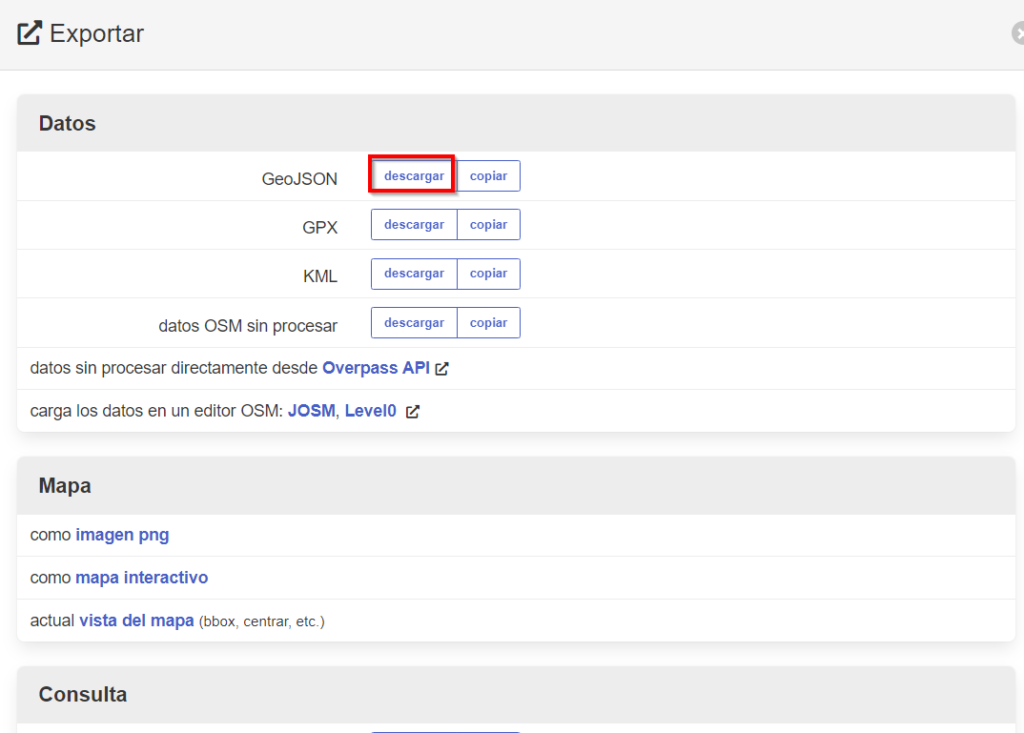 Descarga de datos de OpenStreetMap con “Overpass Turbo”