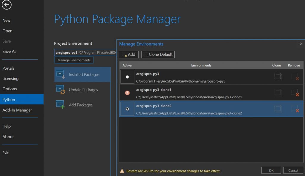 Instalación de nuevos paquetes para trabajar con Python en ArcGIS Pro