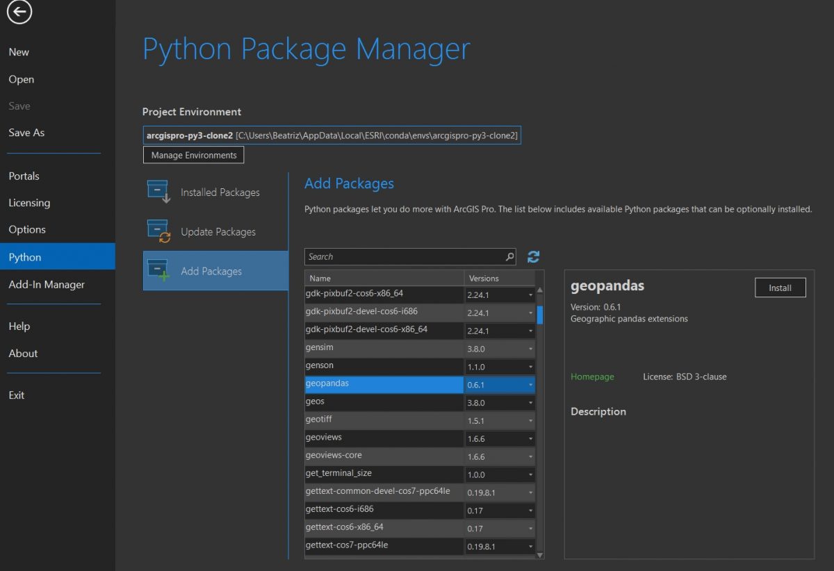 Instalación de nuevos paquetes para trabajar con Python en ArcGIS Pro