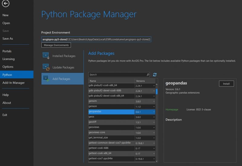 Instalación de nuevos paquetes para trabajar con Python en ArcGIS Pro