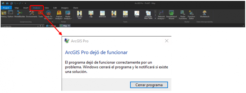Error en ArcGIS Pro al activar la pestaña de Análisis